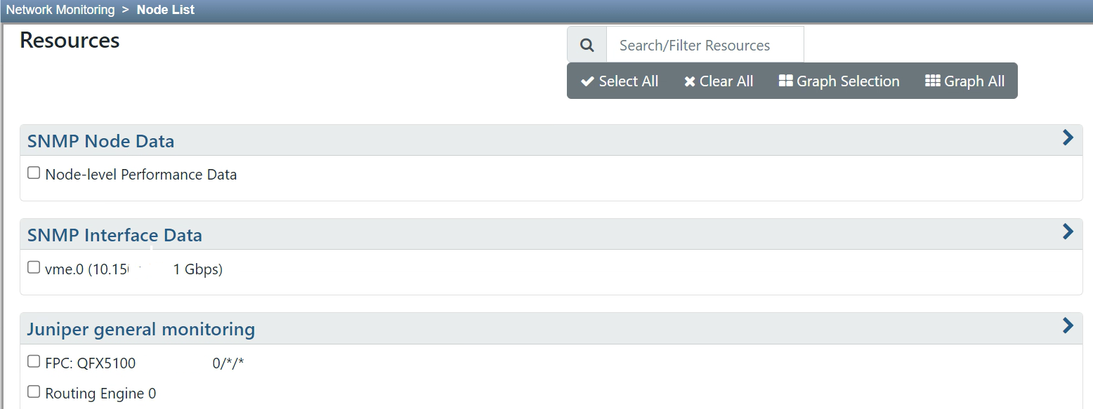 OpenNMS Resource Graph is not showing all interfaces and routing instances for some devices