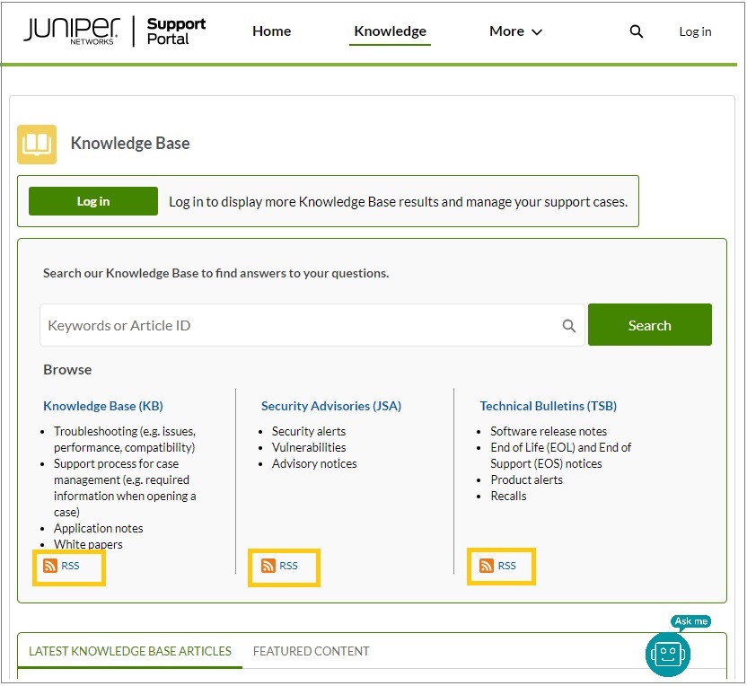 How can I get an RSS feed of Knowledge Base, Security Advisory, and ...