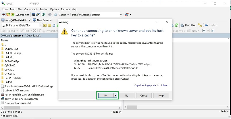 Transferring software installation package to Juniper Networks switch via WinSCP