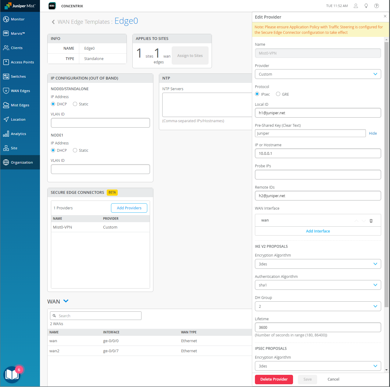 IPSEC VPN tunnel on SRX with MistUI