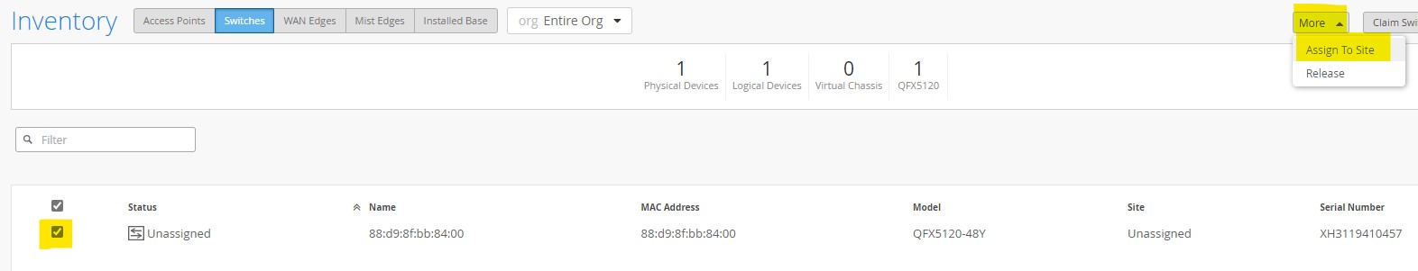[Mist] Find and assign your switches to a site.