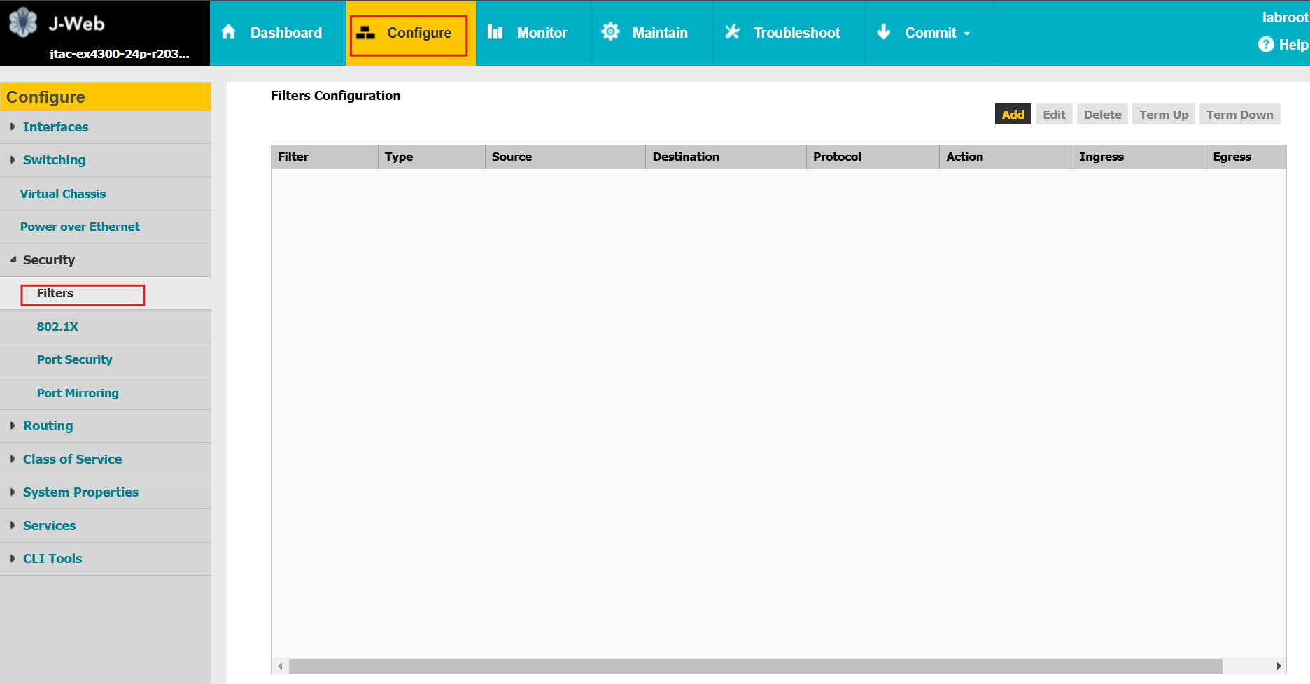 Configure firewall filter using J-Web GUI