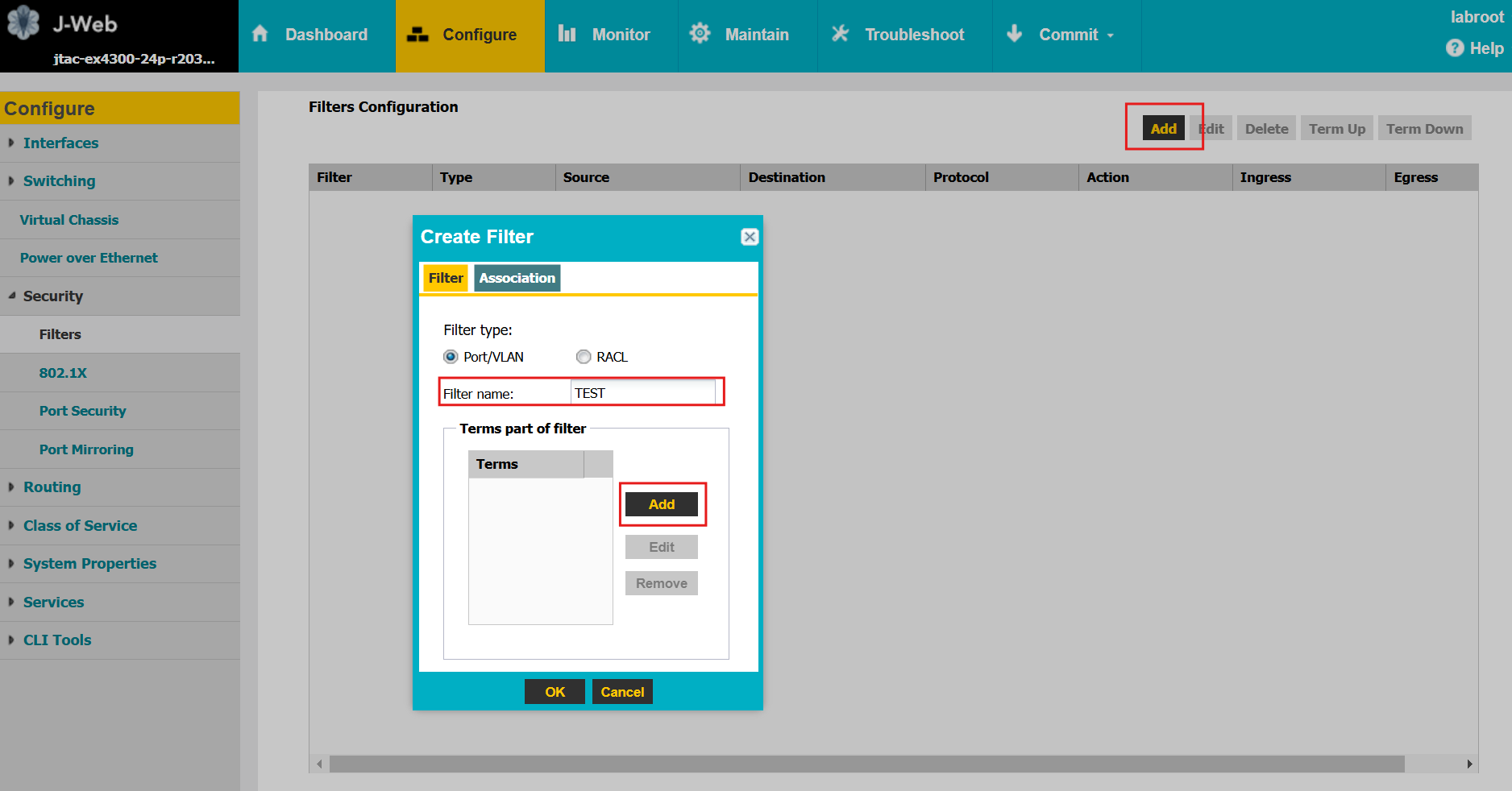 Configure firewall filter using J-Web GUI