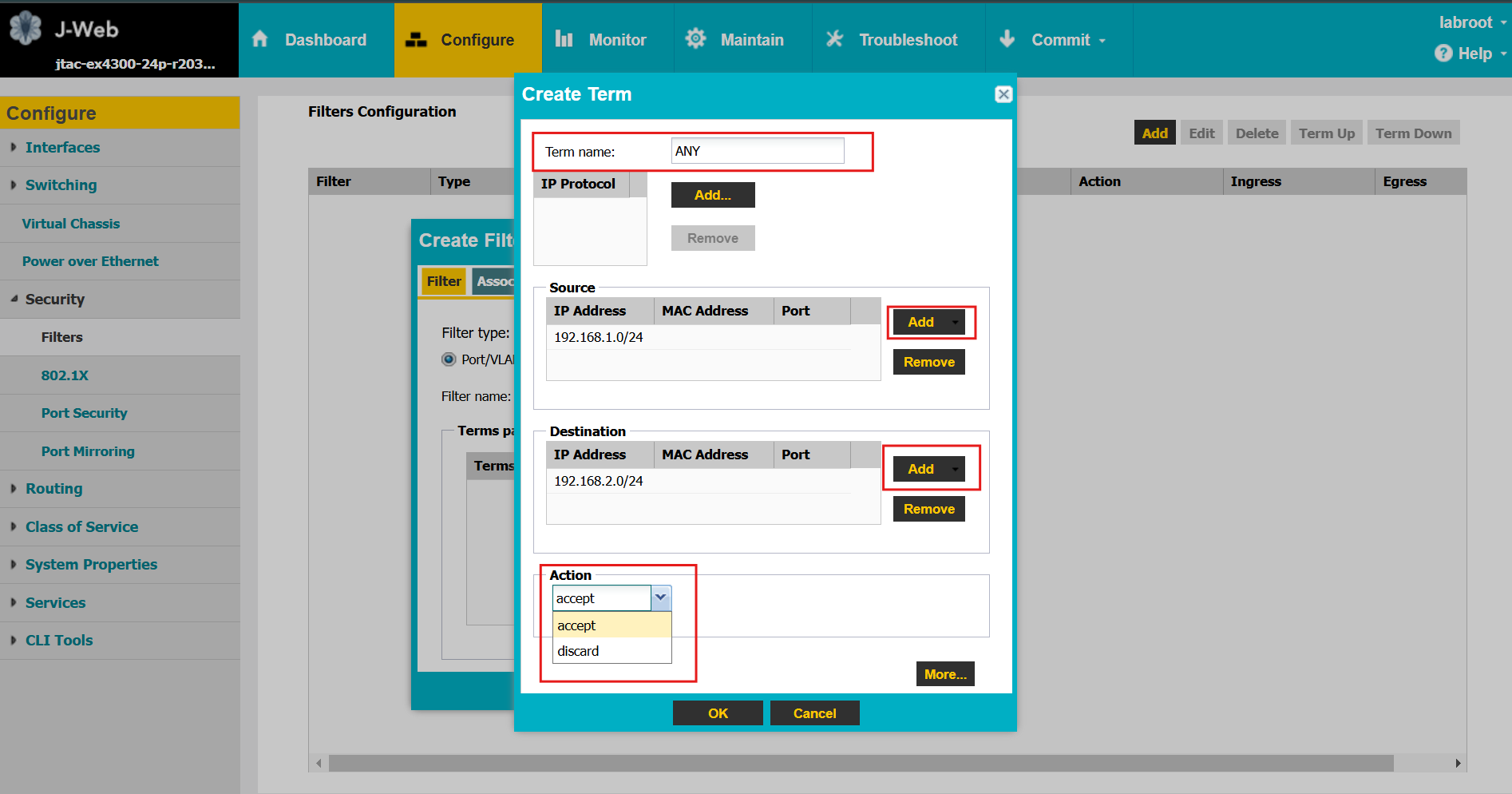 Configure firewall filter using J-Web GUI