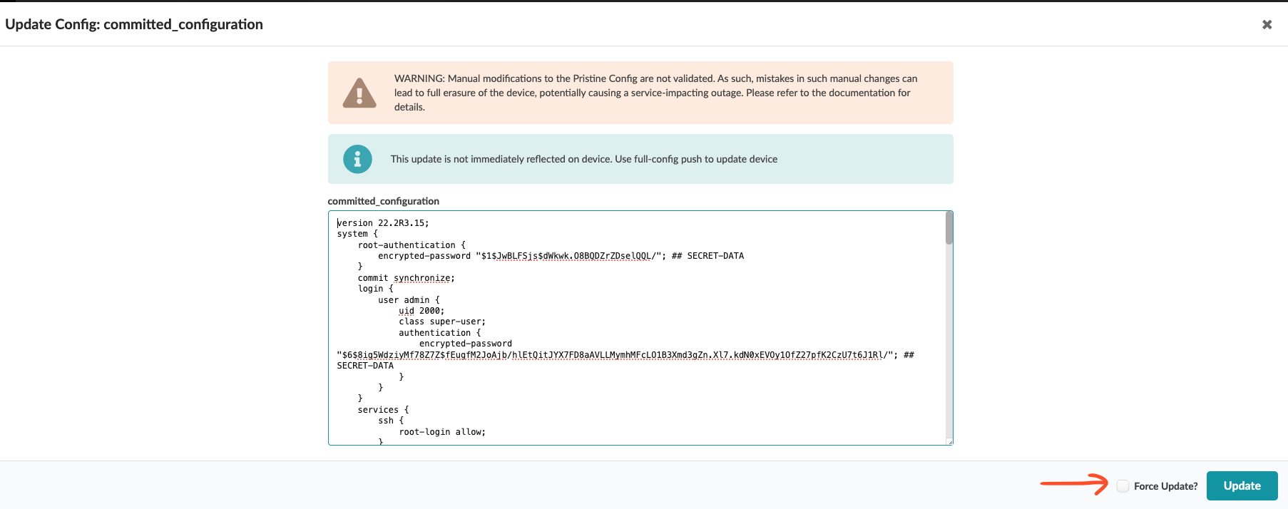 [Juniper Apstra] Apstra WebUI "force update" button under pristine config