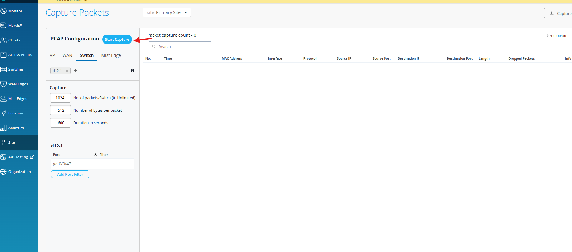 [Mist Wired] How to take a pcap on a switch port using Mist