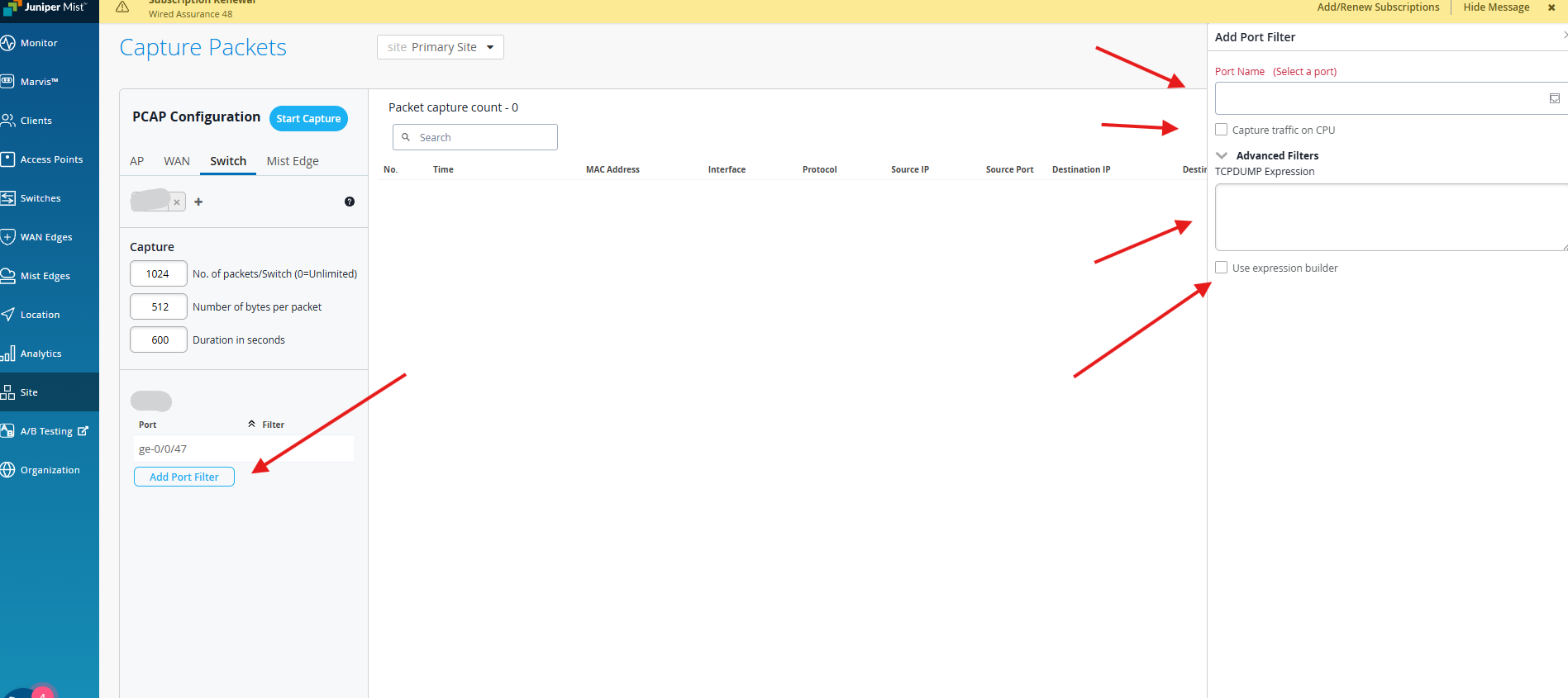 [Mist Wired] How to take a pcap on a switch port using Mist