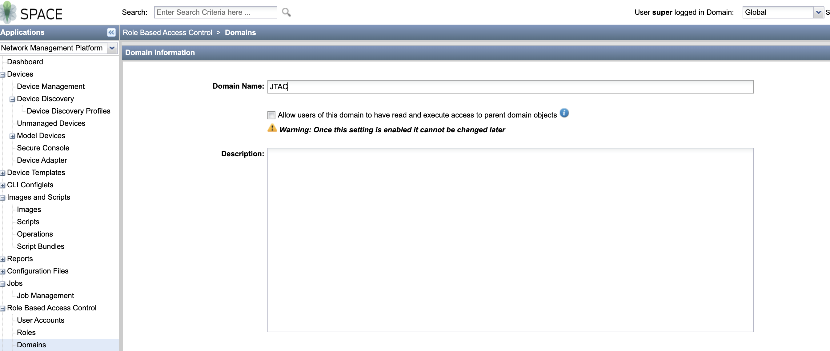 [Junos space] Creating a domain in Junos Space Network Management Platform.