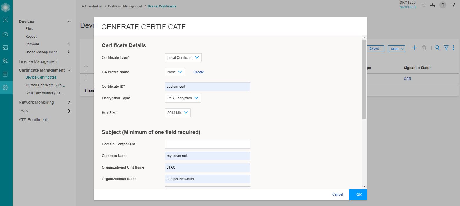 [SRX] Generating a CSR in SRX using J-Web