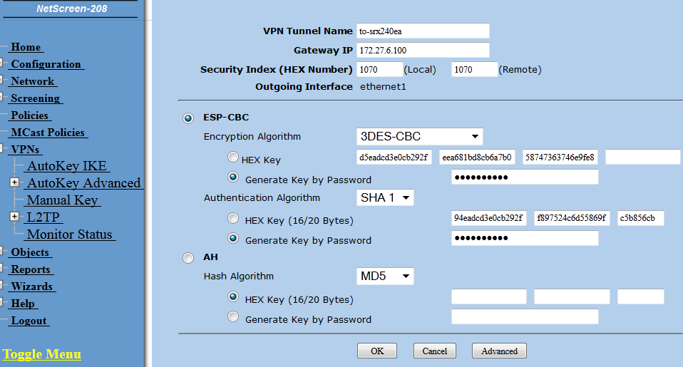 Example: Configuring a Manual Key IPsec VPN between SRX and ScreenOS