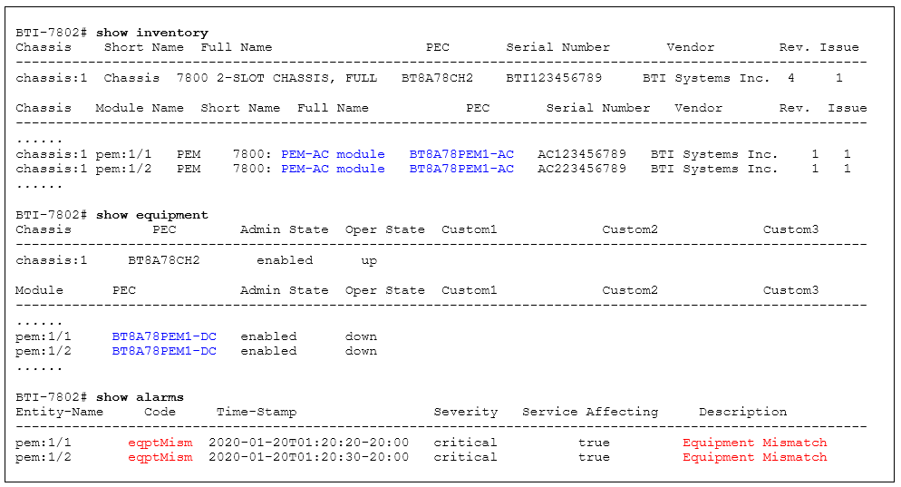 [BTI] PEM reports "Equipment Mismatch" alarm on BTI7800 chassis