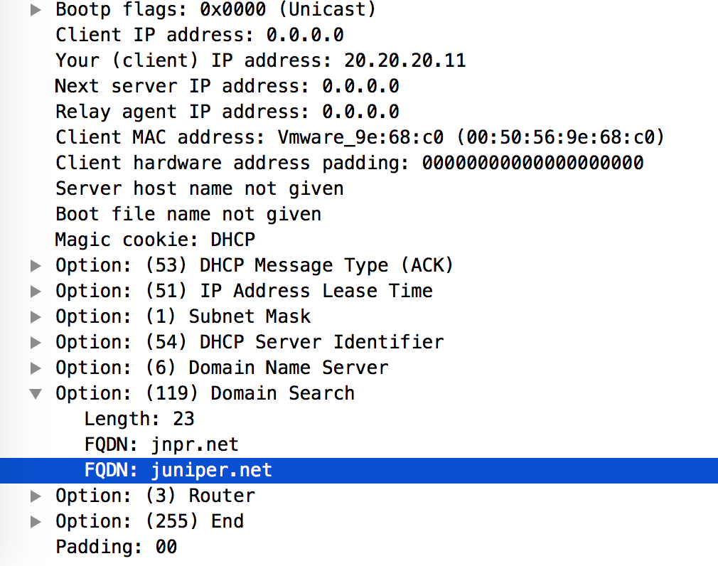 [SRX] How to configure DHCP server (JDHCPD) to support domain search ...