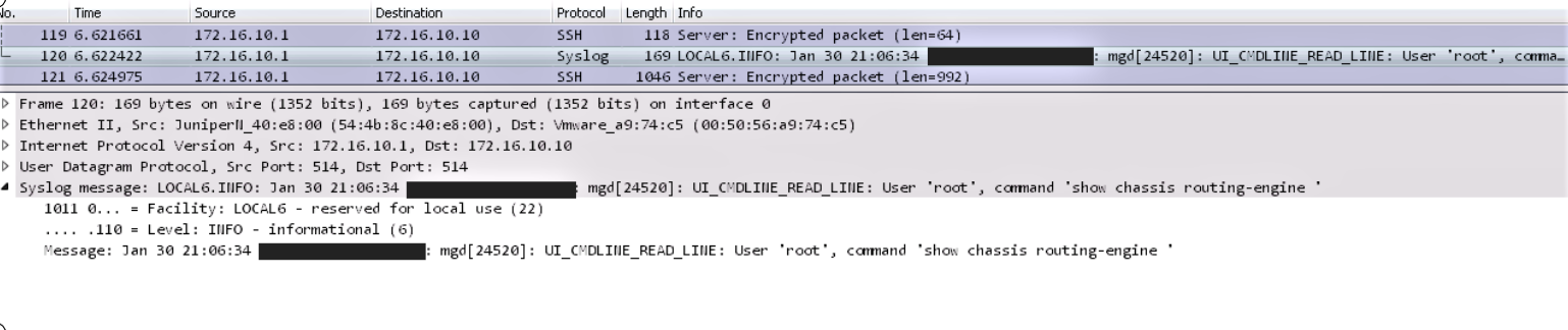 [EX/QFX/MX] Syslog server not working when em0 interface is part of ...