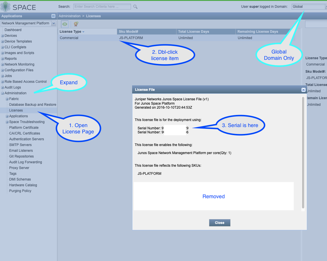 [Junos Space] How to find License in UI